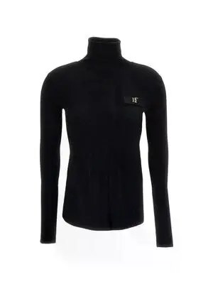 Elisabetta Franchi Knit Turtleneck Top With Openwork Embroideries - Black