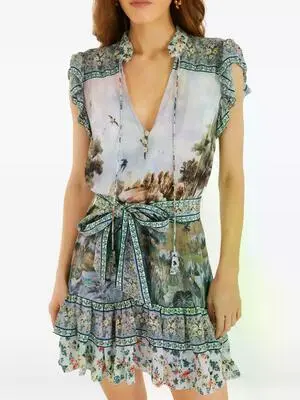 Farm Rio Multicolor Countryside Landscape Belted Ruffled Mini Dress - Blue