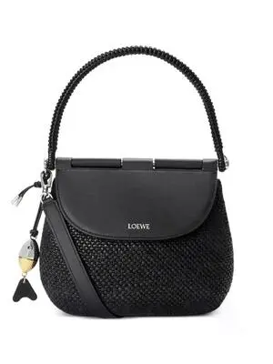 Loewe Medium Pescador Bag In Raffia And Calfskin - Black