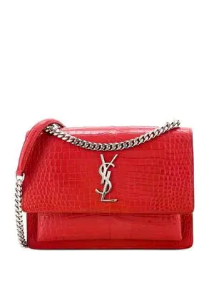 Saint Laurent Sunset Crocodile Embossed Leather Medium Crossbody Bag - Red