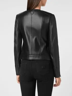 Philipp Plein Cropped Slim Fit Smooth Calfskin Leather Biker Jacket
