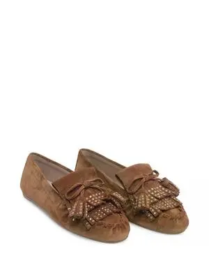 STUART WEITZMAN Suede Fringed Embellished Loafers
