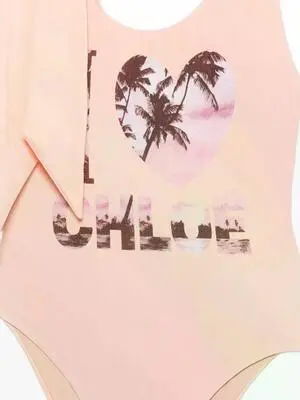 Chloé Bow-detail Graphic-print Swimsuit - Pink
