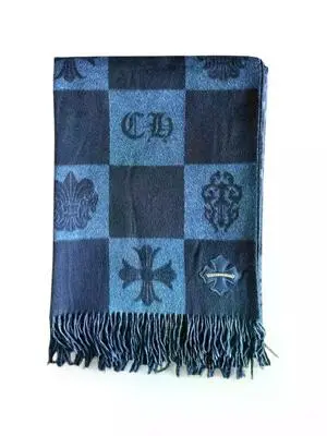 Chrome Hearts Check-pattern Fringed Blanket - Blue