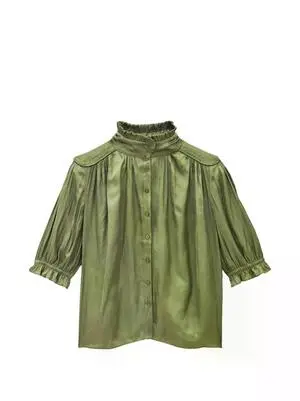 Ba&sh Camila Ruffled-trim Smocked-shoulder Blouse - Green