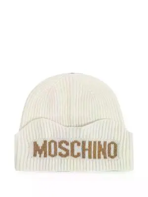 Moschino Logo-intarsia Ribbed-knit Beanie Hat - Neutrals