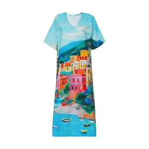 DHARA SHETH, DUBAI Dhara Sheth La Dolce Riviera Cotton Kaftan Maxi Dress - Green/blue