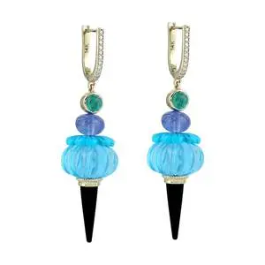 ARTISAN 14k Yellow Gold Swiss Blue Topaz, Emerald, Tanzanite, Carved Turquoise & Diamond Huggie Earrings - Blue/yellow