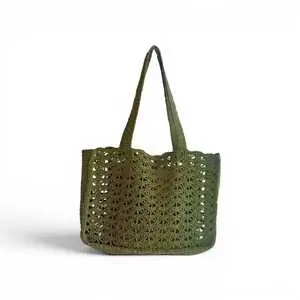 SPRINGMOONATELIER Handmade Crochet Tote Bag Olive Handmade Raffia Summer Shoulder Bag - Green