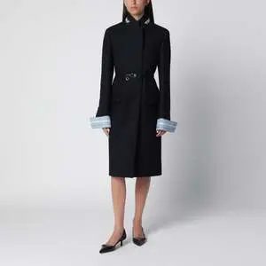 Prada Wool Coat With Belt And Embroidered Collar - Blue
