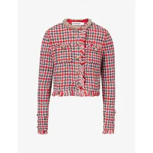 SELF-PORTRAIT Check Frayed Cotton-blend Jacket - Red