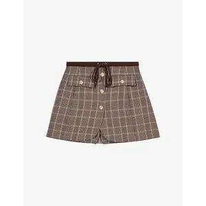 Maje Checked Layered-effect Cotton And Wool-blend Shorts