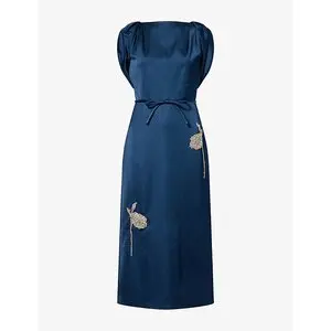 Erdem Floral-embroidered Fitted Satin Midi Dress - Navy