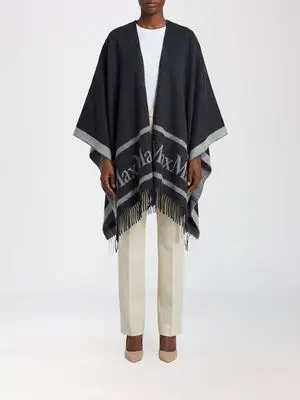 Max Mara Short Wool Cape With Jacquard Logo And Fringed Hem - Blue
