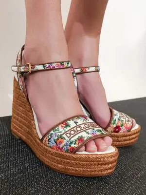 Dolce & Gabbana Floral Embroidered Raffia Wedge Sandals