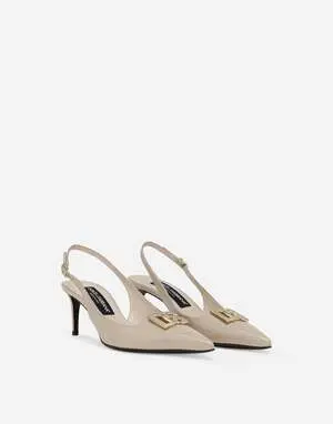 Dolce & Gabbana Polished Calfskin Slingback Pumps With Dg Logo Detail - Beige
