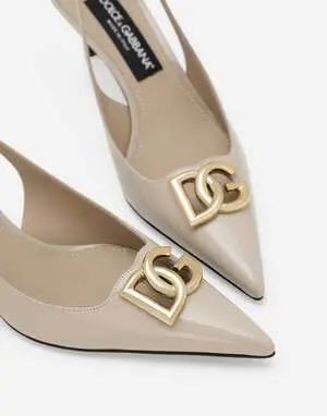 Dolce & Gabbana Polished Calfskin Slingback Pumps With Dg Logo Detail - Beige