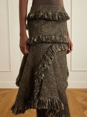 Sacai Fringed Wool-blend Tweed Midi Skirt