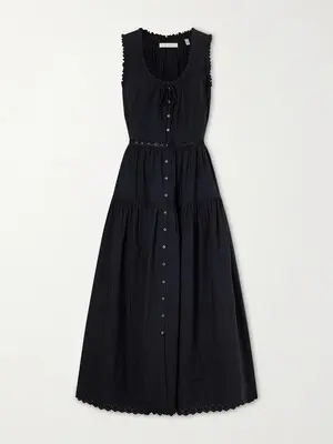 DÔEN Hortense Pintucked Embroidered Organic Cotton Midi Dress - Black