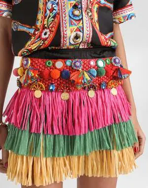 Dolce & Gabbana Raffia Miniskirt With Applications Skirts Multi-colored