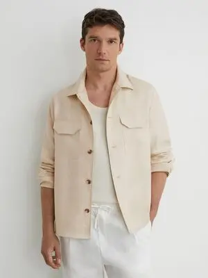 REISS Linen Herringbone-stripe Regular-fit Shirt - Stone