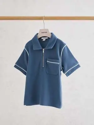 REISS 9-13 Yrs Cotton Textured-knit Half-zip Polo Shirt - Blue