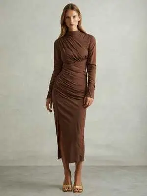 REISS Ruched Midi Dress - Dark Brown