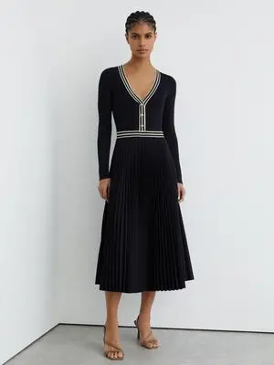 REISS Rib-knit Stripe-trim Midi Dress
