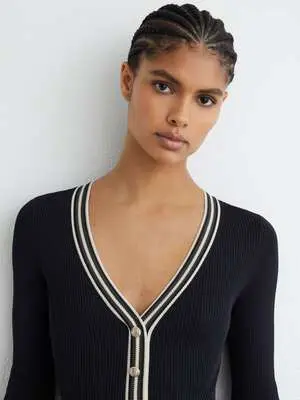 REISS Rib-knit Stripe-trim Midi Dress