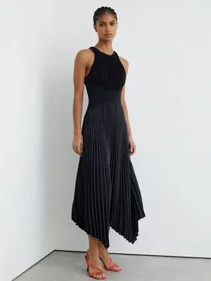 REISS Pleated Sleeveless Midi Dress - Navy