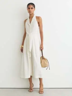 REISS Sleeveless Tie-front Midi Dress With Linen - Cream