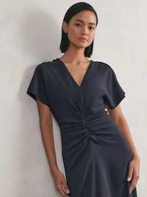 REISS Ruched Midi Dress With Flutter Sleeves