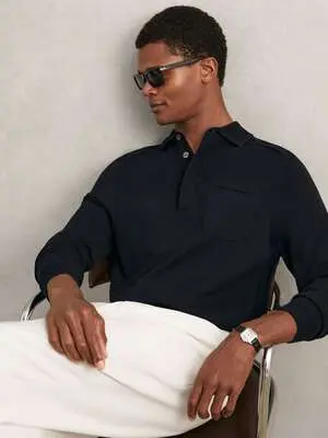 REISS Cotton Concealed-placket Polo Shirt - Navy
