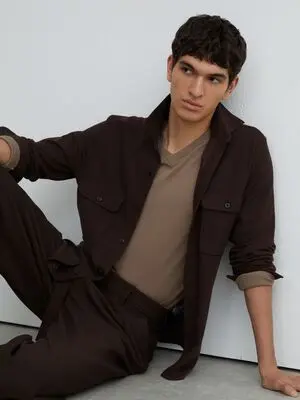 REISS Textured Twin-pocket Overshirt Cotton-blend - Brown