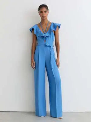 REISS Ruffle Tie-neck Wide-leg Jumpsuit - Blue