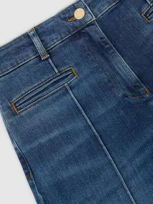 REISS Petite Pintuck-detail Flared Jeans - Mid Blue