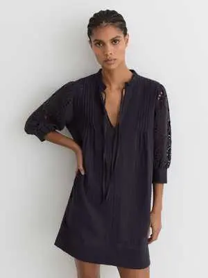 REISS Cotton Cheesecloth Broderie Mini Dress - Navy