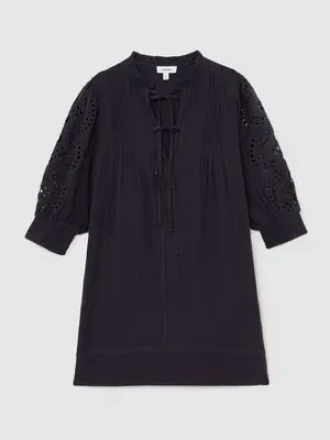 REISS Cotton Cheesecloth Broderie Mini Dress