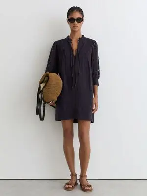 REISS Cotton Cheesecloth Broderie Mini Dress