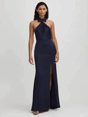 Halston Satin Halter Neck Maxi Dress - Navy