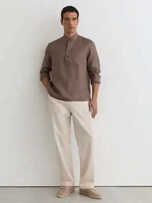 REISS Linen Grandad-collar Half-button Shirt Regular-fit - Soft Brown