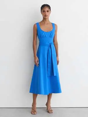 REISS Cotton Belted Midi Dress With Stretch - Blue