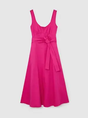 REISS Cotton Belted Midi Dress With Stretch - Pink