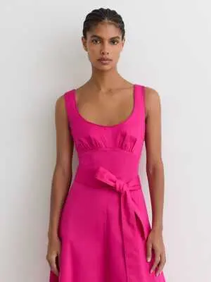 REISS Cotton Belted Midi Dress With Stretch - Pink