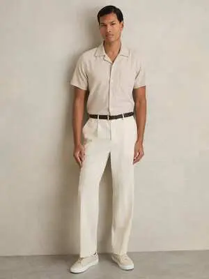 REISS Herringbone Twill Cuban Collar Short Sleeve Shirt