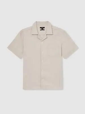 REISS Herringbone Twill Cuban Collar Short Sleeve Shirt - Stone