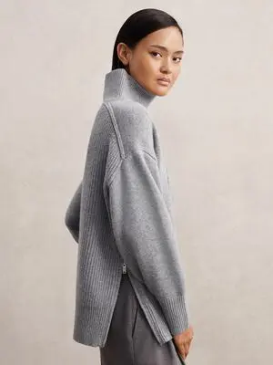 REISS Wool Zip-detail Funnel-neck Jumper