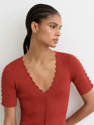 REISS Scallop-trim Rib-knit Top - Rust Red