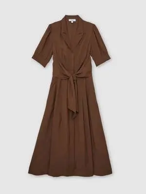 REISS Tessera Short-sleeve Belted Midi Dress With Linen - Rust Orange