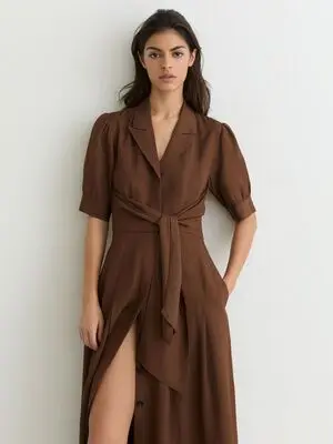 REISS Tessera Short-sleeve Belted Midi Dress With Linen - Rust Orange